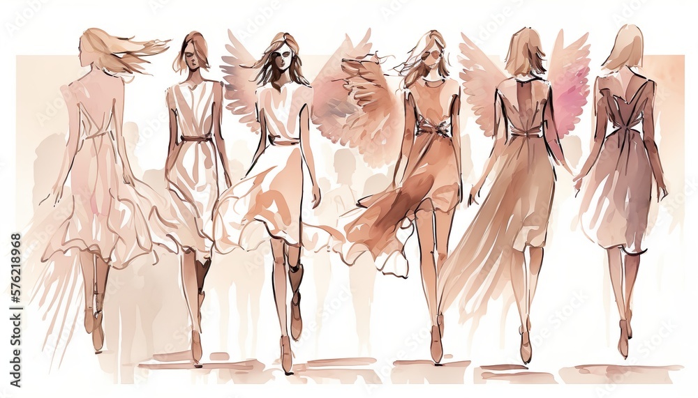 lingerie fashion show, models with wings walking on a catwalk in a row ...