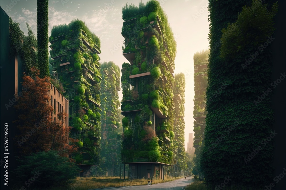 Skyscrapers covered with vines and moss. Post-apocalypse, destruction ...