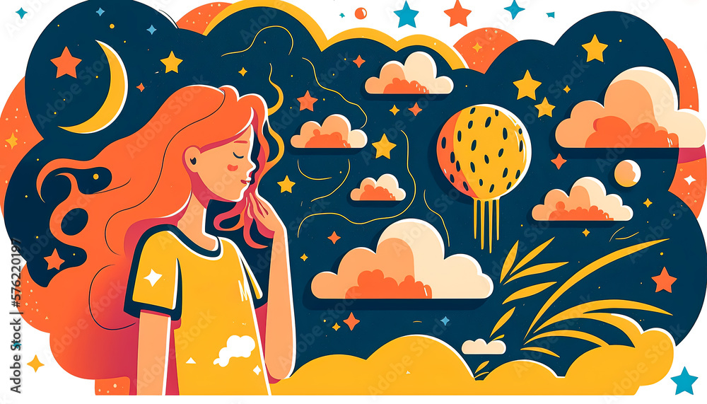 Cartoon composition with dreamy little girl, generative AI. Stock ...