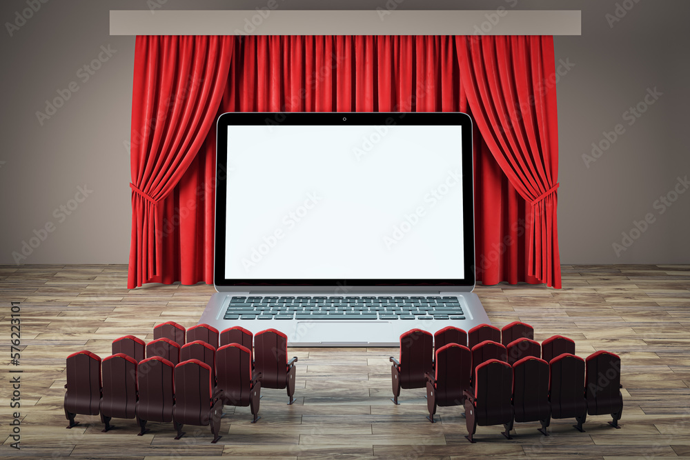 Online cinema concept with front view on blank white huge modern laptop ...
