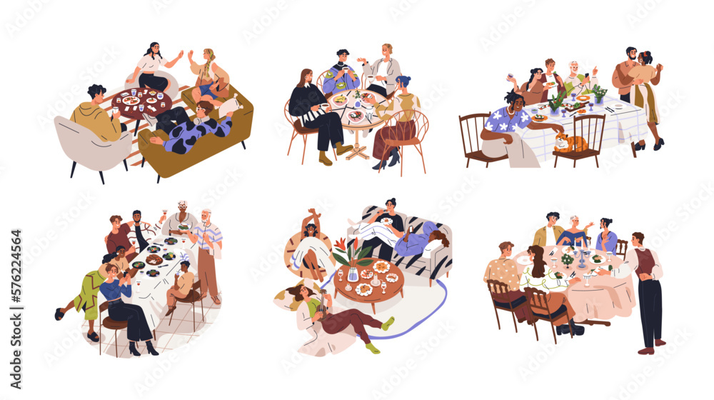 Friends dinners set. Happy people sitting at tables with food and drink ...