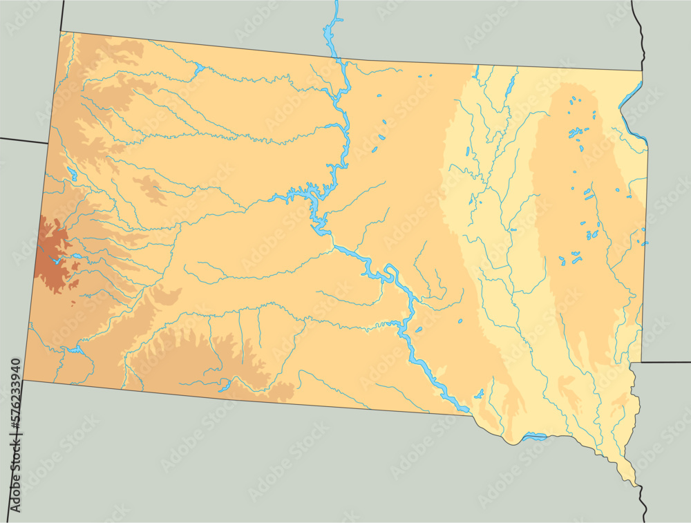 High detailed South Dakota physical map with labeling. Stock Vector ...