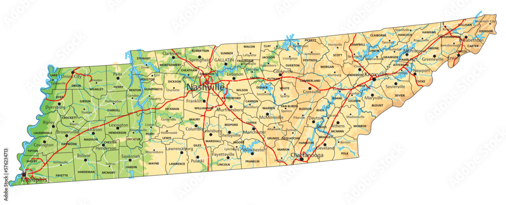 High detailed Tennessee physical map with labeling. Stock Vector ...