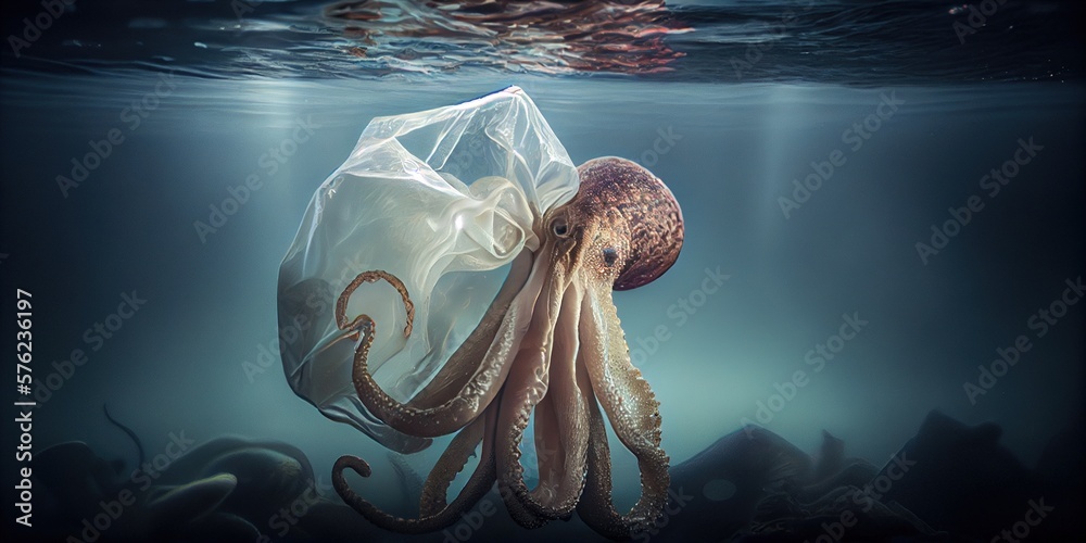 Octopus in a plastic bag in the ocean. Environmental Problem. Ocean ...