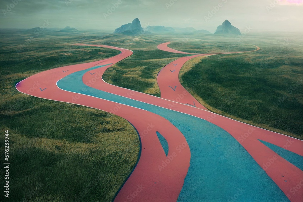 Surreal landscape with a split road and signpost arrows showing two ...