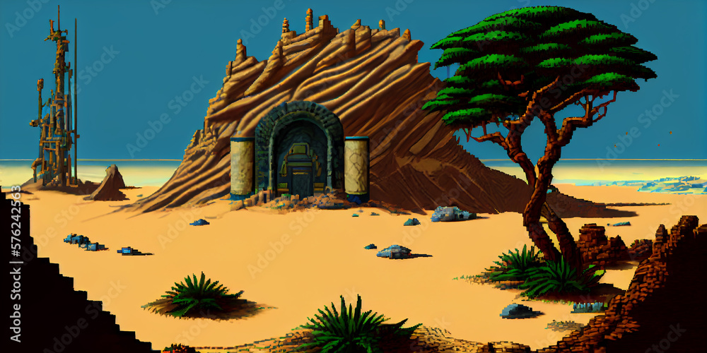 Old school pc gaming concept. Desert scene in pixel art retro style. 2D ...