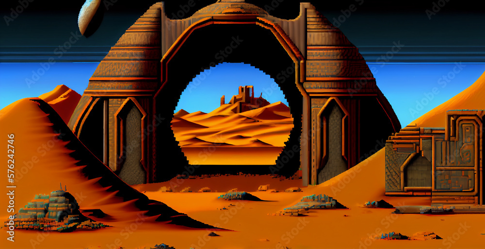 Old school pc gaming concept. Desert scene in pixel art retro style. 2D ...
