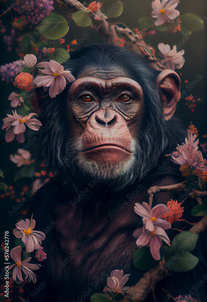 Chimpanzee or Chimp portrait with flowers and leaves. Creative monkey ...