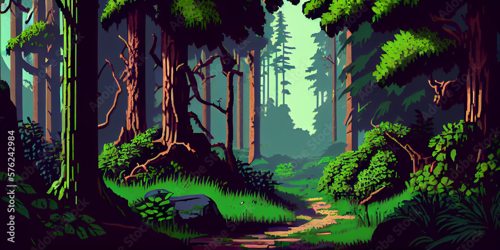 Old school pc gaming concept. Forest scene in pixel art retro style. 2D level design for ...