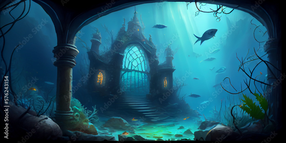 Underwater landscape, background for game with sea bottom, fishes ...