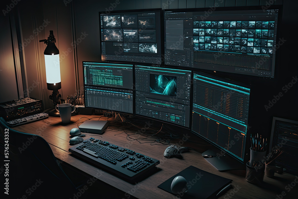 Dark room with many screens as a trading setup with charts on the ... Dark room with many screens as a trading setup with charts on the ...