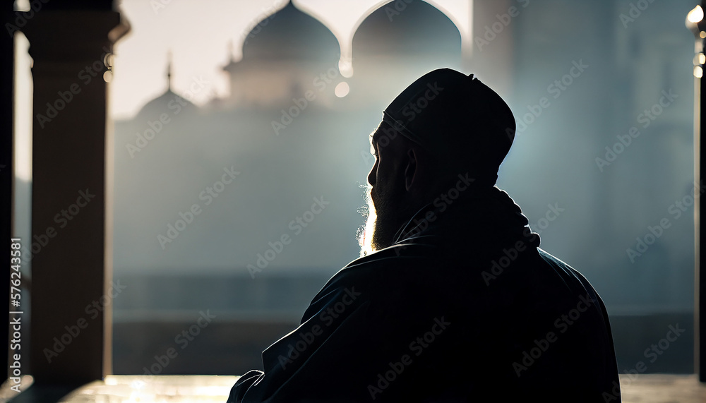 Reflection and Serenity: Back View of a Muslim Man Gazing Out from a ...