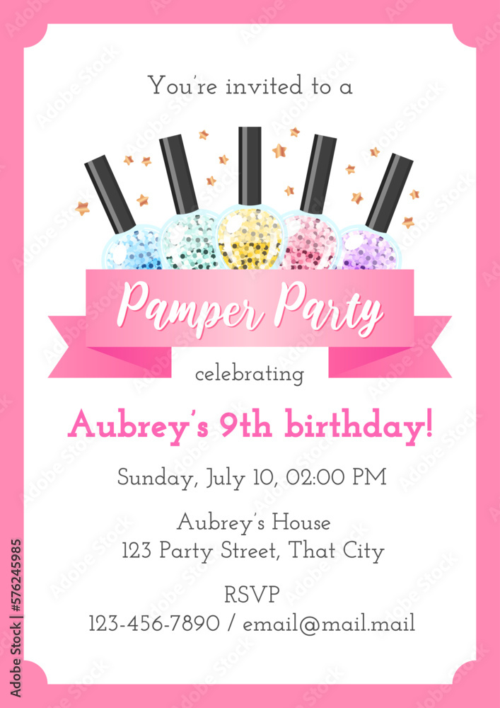 Pamper birthday party invitation template. Cartoon illustration of five ...