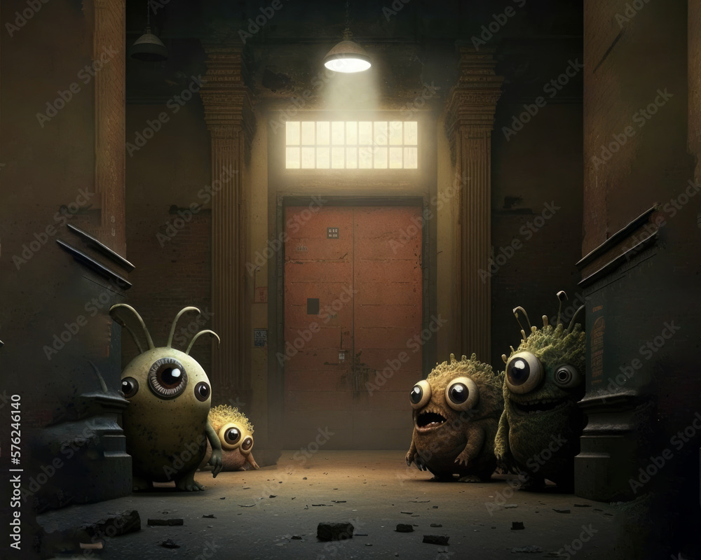 a group of quirky and colorful monsters standing in an abandoned ...