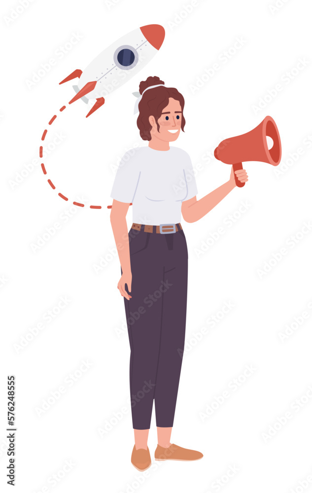 Female entrepreneur promoting startup semi flat color vector character ...