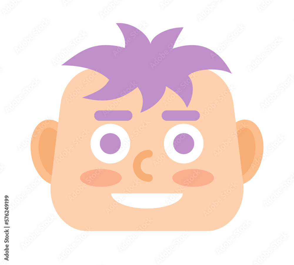 Happy boy with purple messy hairstyle semi flat color vector avatar ...