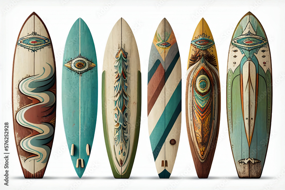 Collection of vintage wooden fishboard surfboard isolated on white with ...