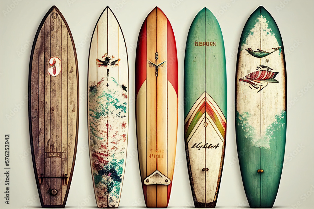 Collection of vintage wooden fishboard surfboard isolated on white with ...