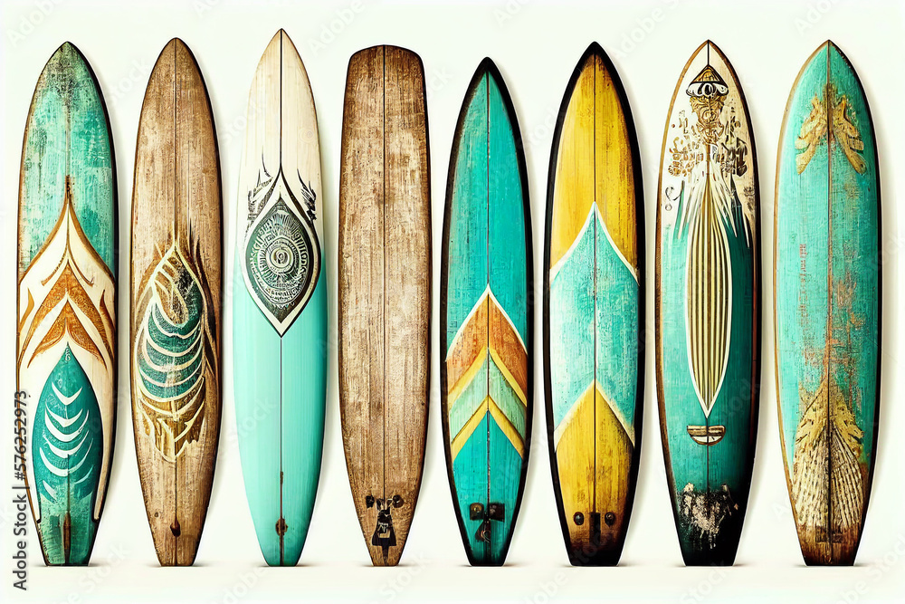 Collection of vintage wooden fishboard surfboard isolated on white with ...