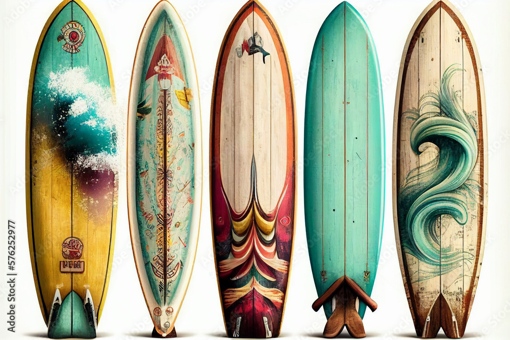 Collection of vintage wooden fishboard surfboard isolated on white with ...
