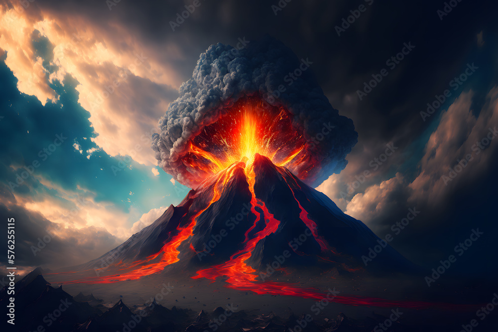 Night fantasy landscape with abstract mountains and island on the water ...