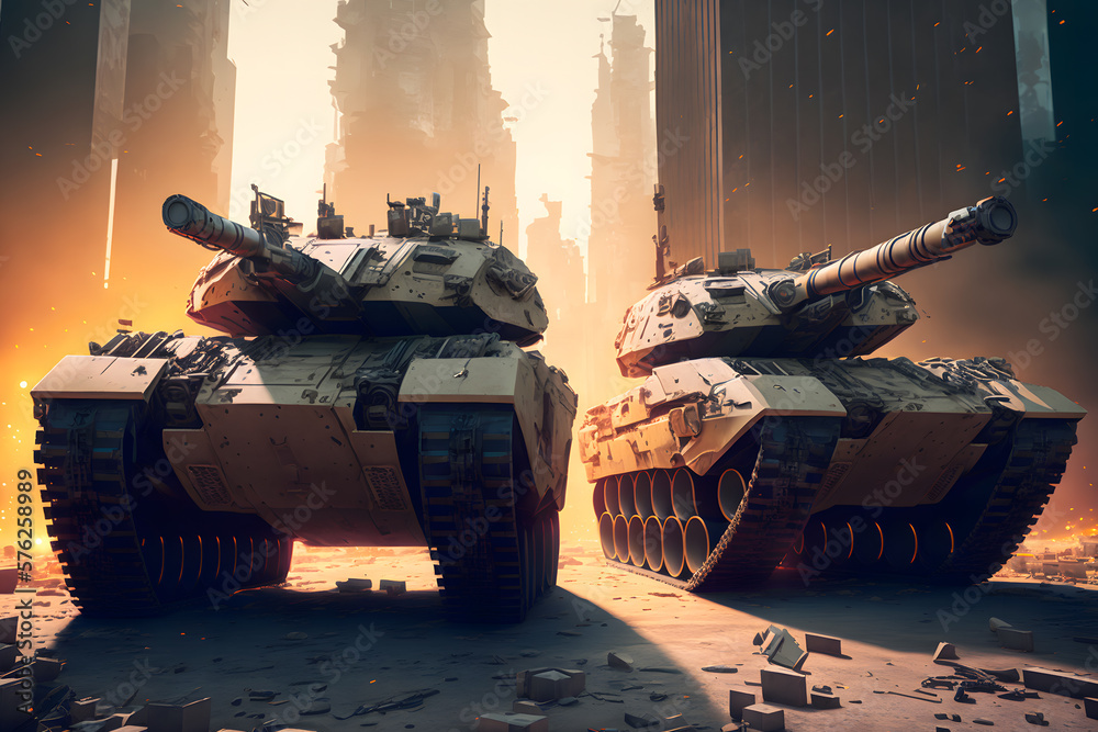 Modern futuristic battle tank with turret and cannon in city center ...