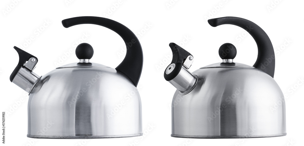 metal chrome kettle for a gas stove in different angles on a ...