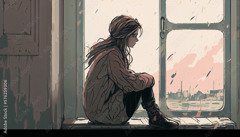 illustration of a girl person who is sad and pensive sitting by the ...