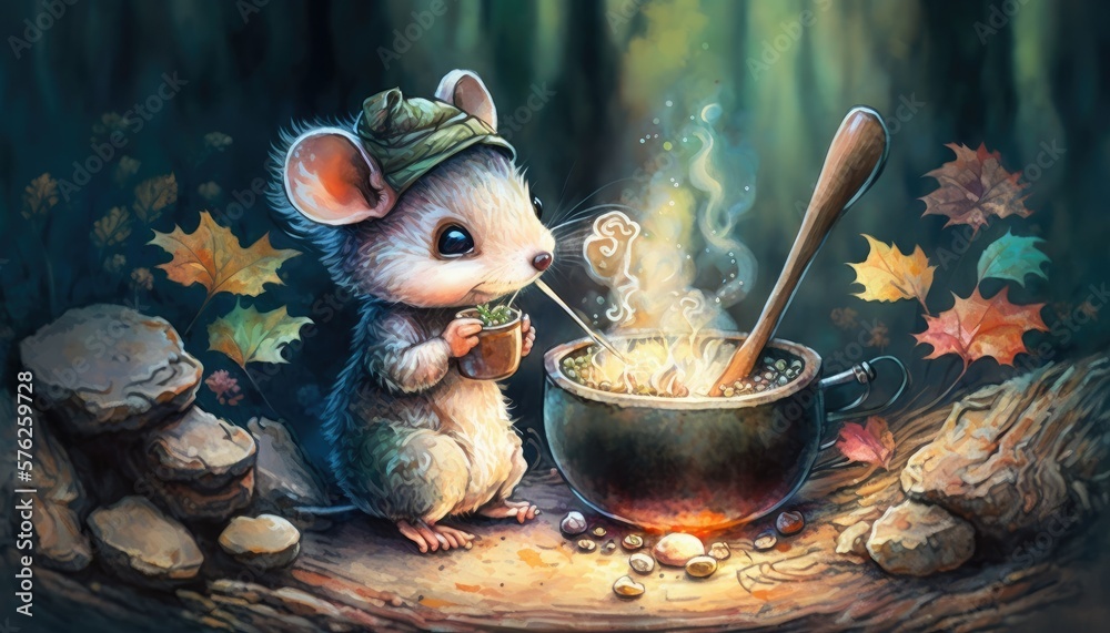 Cute little mouse troll preparing a meal for her forest friends, ai art ...