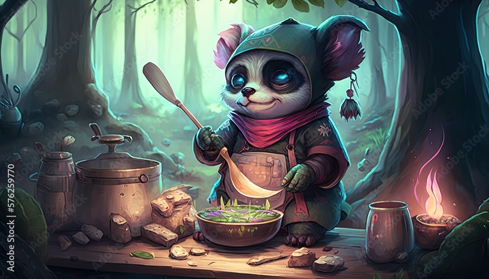 Cute little rabbit troll preparing a meal for her forest friends ...