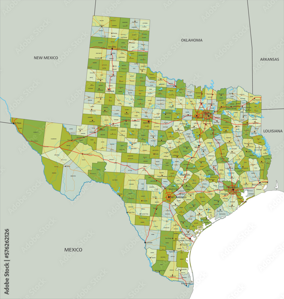 Highly detailed editable political map with separated layers. Texas ...