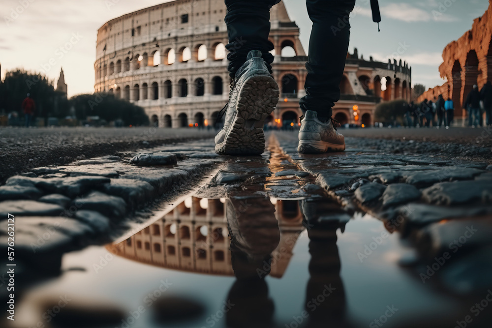 Footsteps of Adventure. Close-up shot of a traveler's feet walking on a ...
