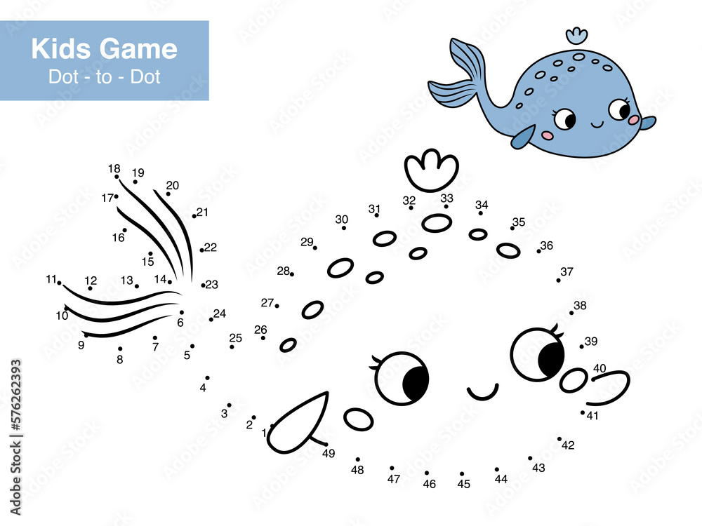 Dot to dot game. Cute cartoon whale. Sea animals. Learn numbers ...
