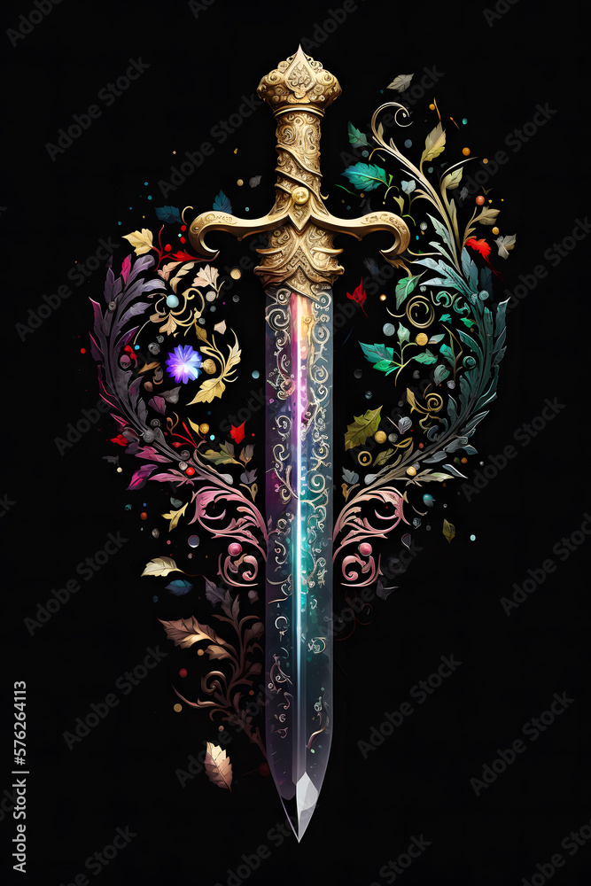 Medieval sword and scabbard. Fantasy golden sword with long blade ...