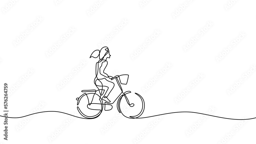 One line drawing a girl ride a bike. Bicycle time and cycling with ...