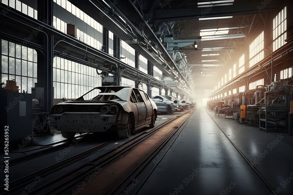 Automation aumobile factory concept. Robot assembly line in car ...