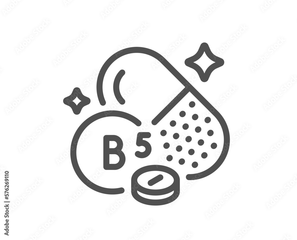Vitamin B5 line icon. Pantothenic acid food nutrient sign. Capsule or ...