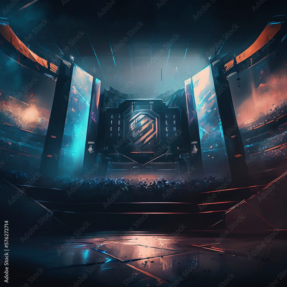 Esports Players Competing in a Vibrant Arena with Crowds Cheering Them ...