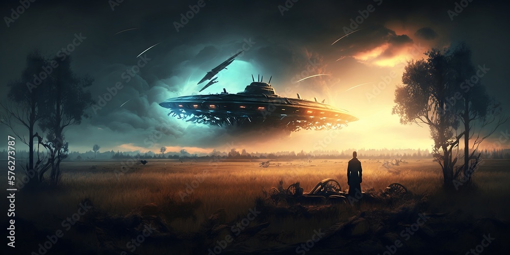 Flying saucer flies at night in sky oversilhouette of man standing in ...