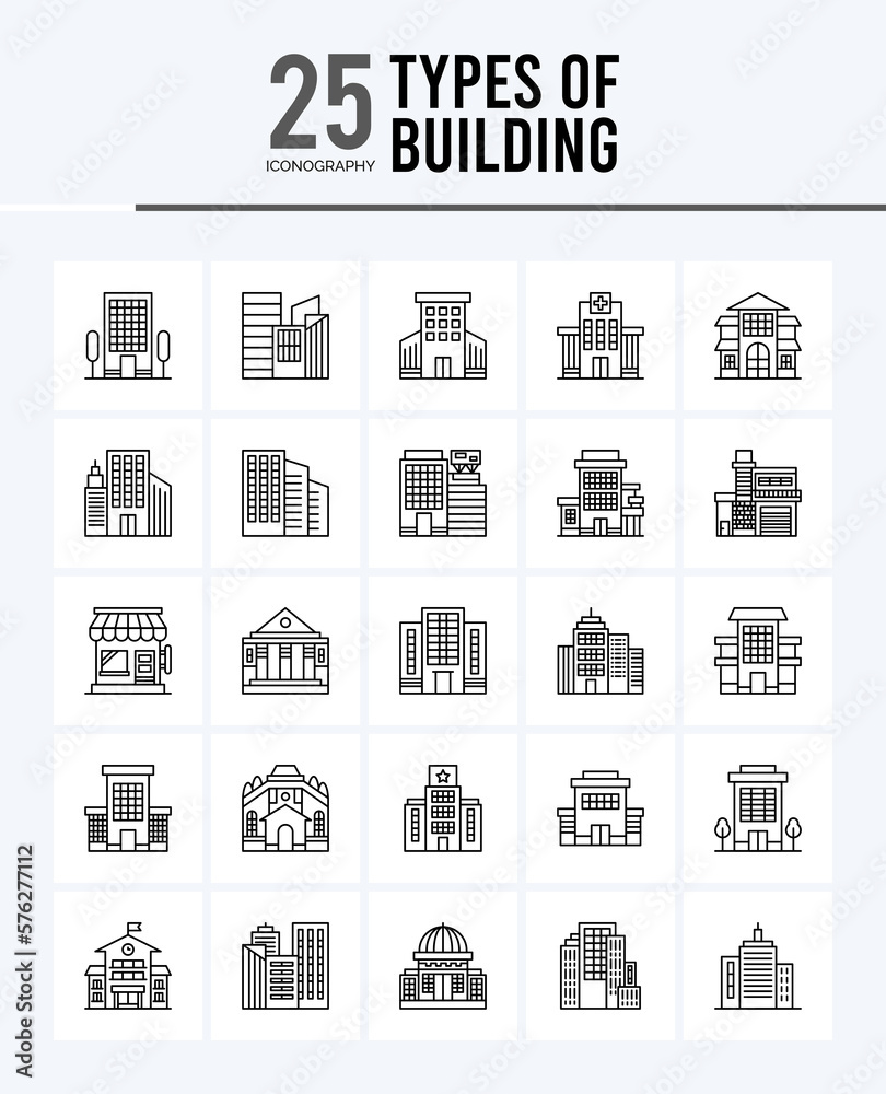 25 Types of Building Outline icons Pack vector illustration. Stock ...