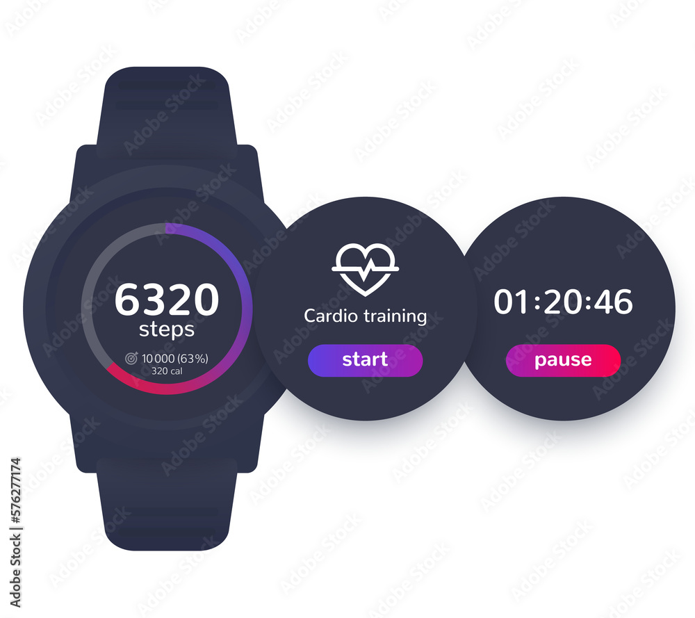 Smart watch with fitness app, activity tracker, timer, step counter, ui design Stock ...