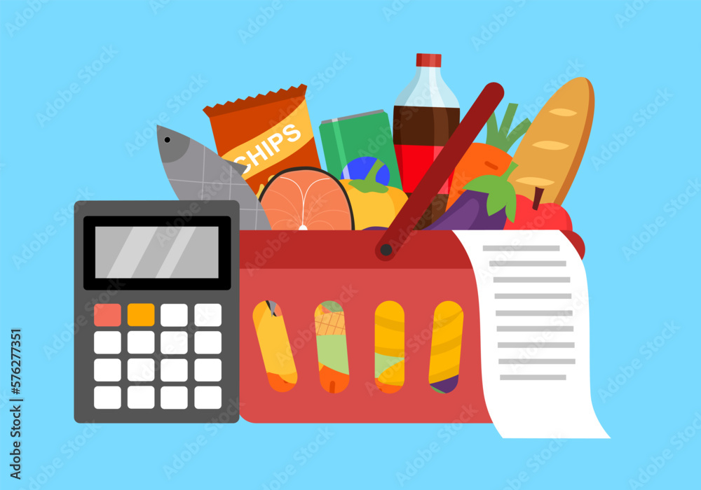 Food cost or grocery price concept vector illustration. Food basket ...