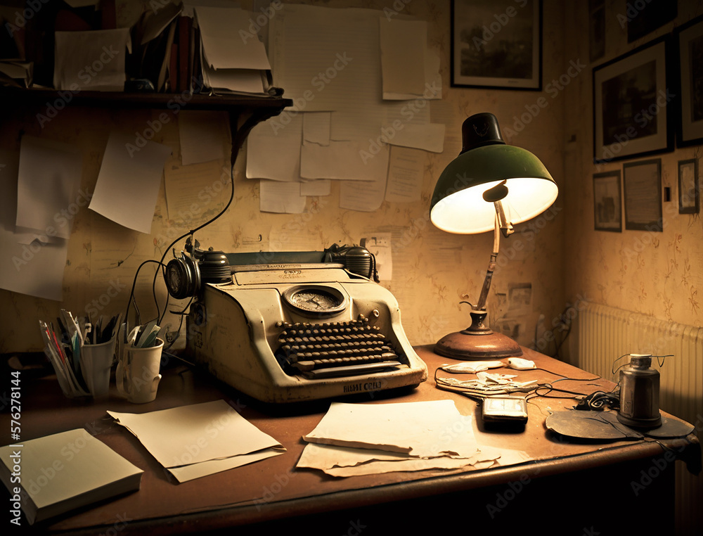 1950s, A cluttered work desk in a small, cramped office with peeling ...