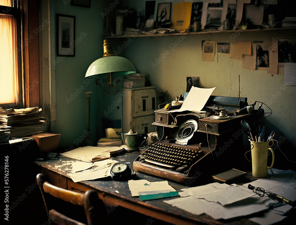 1950s, A cluttered work desk in a small, cramped office with peeling ...