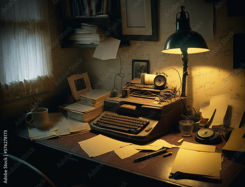 1950s, A cluttered work desk in a small, cramped office with peeling ...