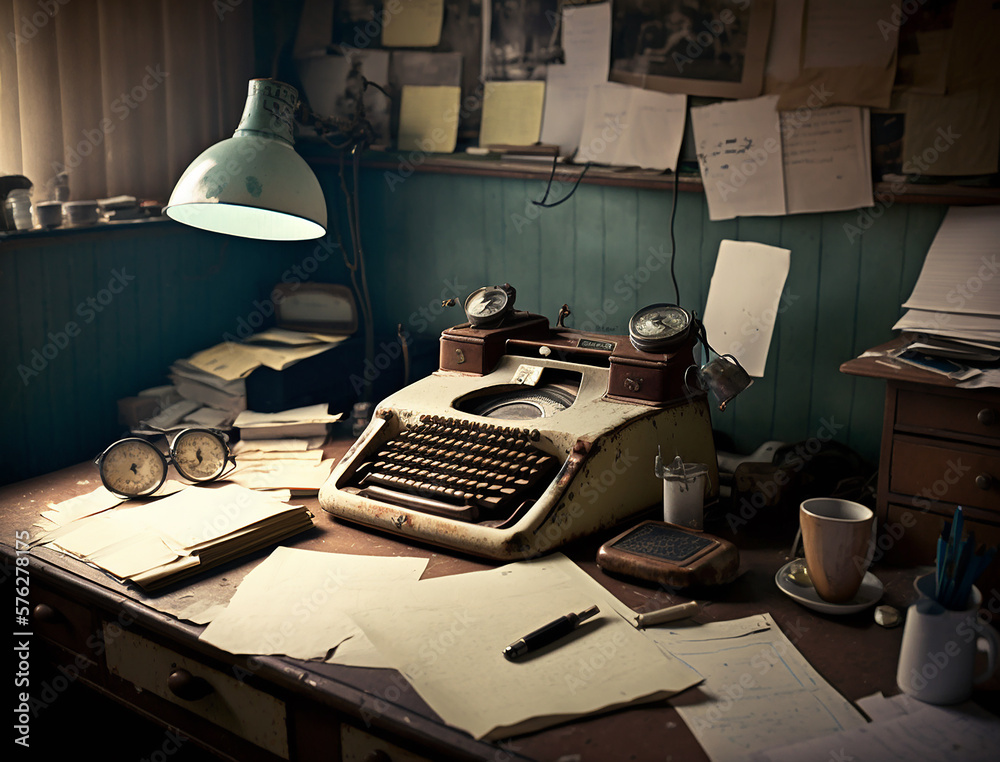 1950s, A cluttered work desk in a small, cramped office with peeling ...