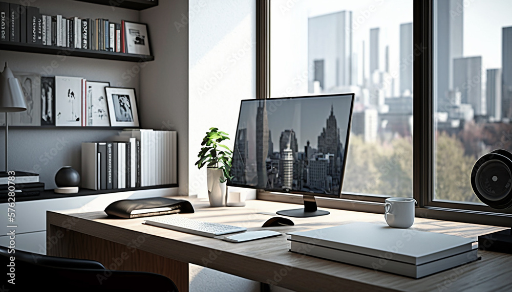 Designer desk with a sleek, minimalist surface and clean lines. The ...