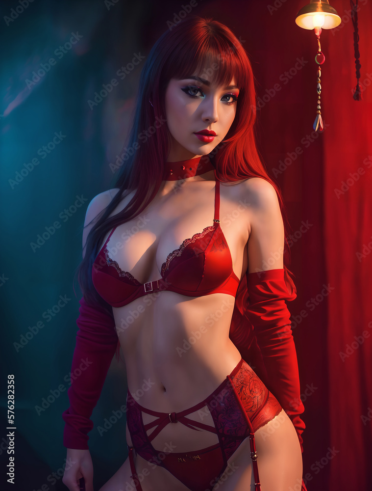 Sexy Woman In Red Lingerie Posing For A Photo Bdsm Generative Ai Stock Illustration Adobe Stock