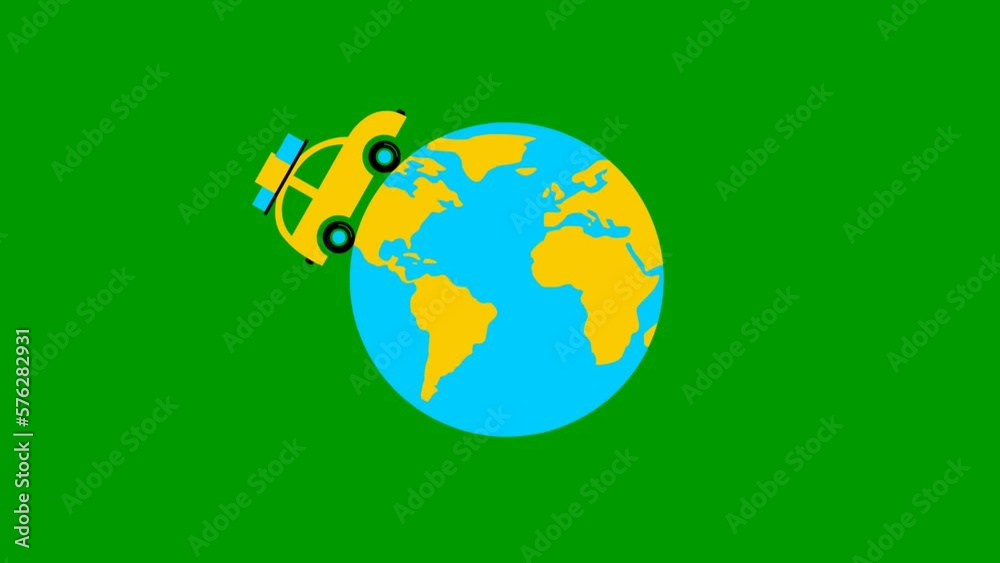 Animated car drives around the yellow blue planet. yellow vintage car ...