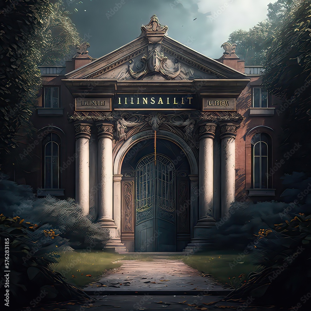 University with marble columns in gothic castle style. School of magic ...